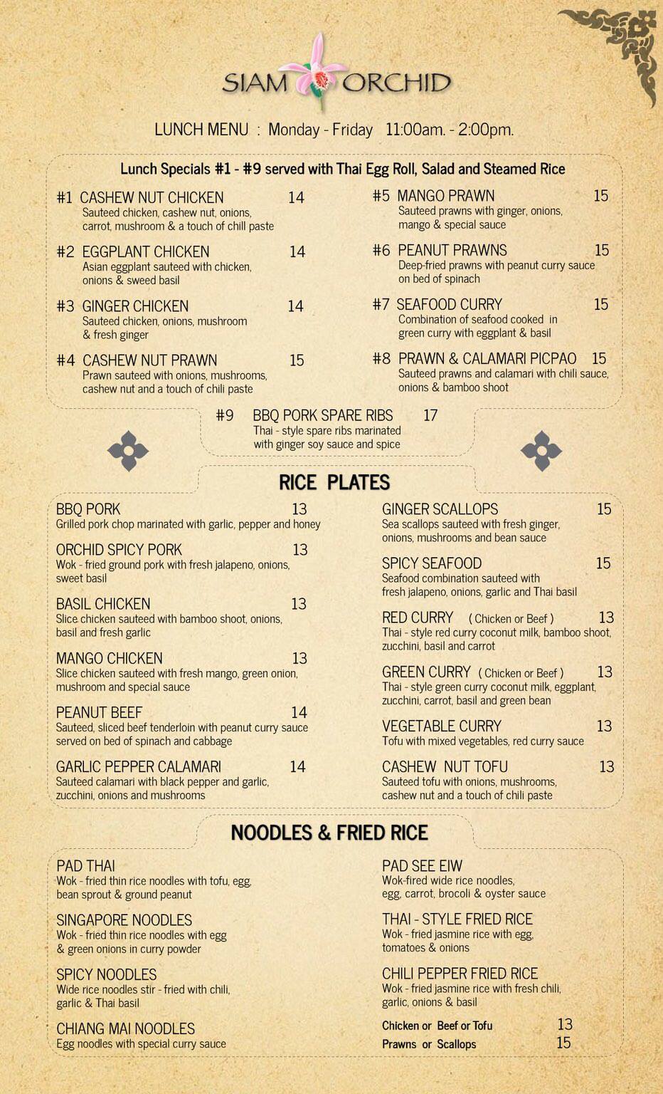 Thai Food and Restaurant | Lunch and Dinner Menu | Siam Orchid